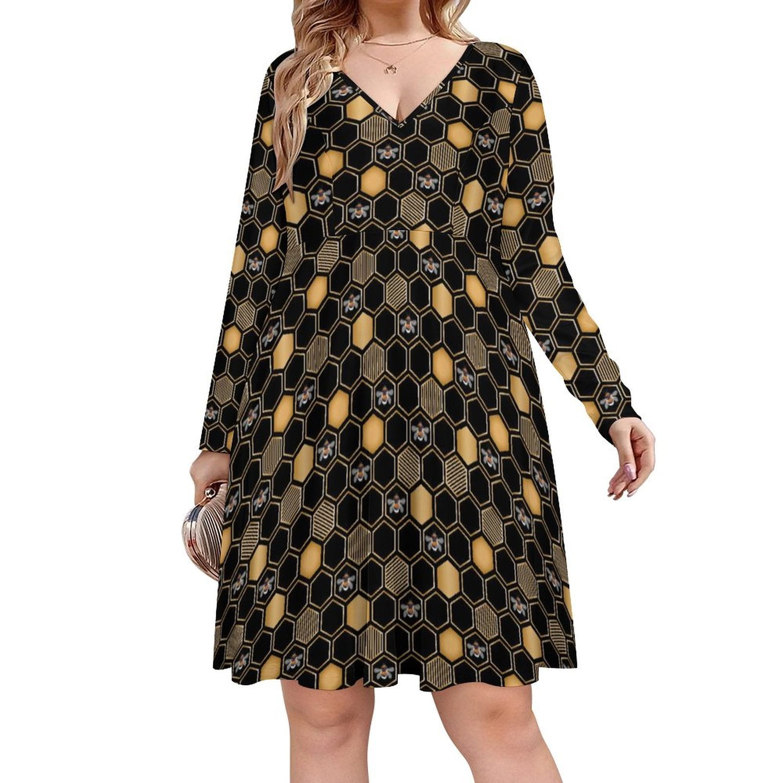 Black And Gold Geometric Pattern Long Sleeve Dresses For Women Vintage Elegant Party Dress ...