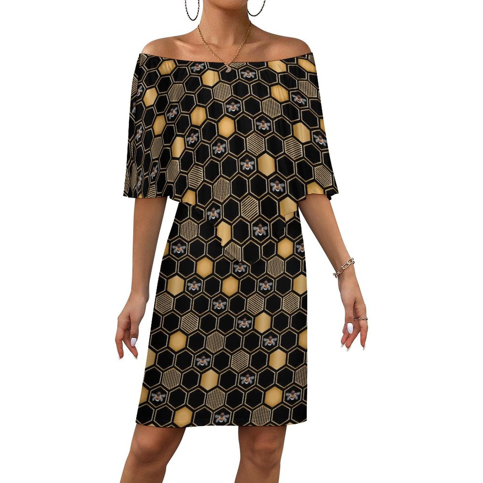 Black And Gold Geometric Pattern Women's Off The Shoulder Ruffles ...