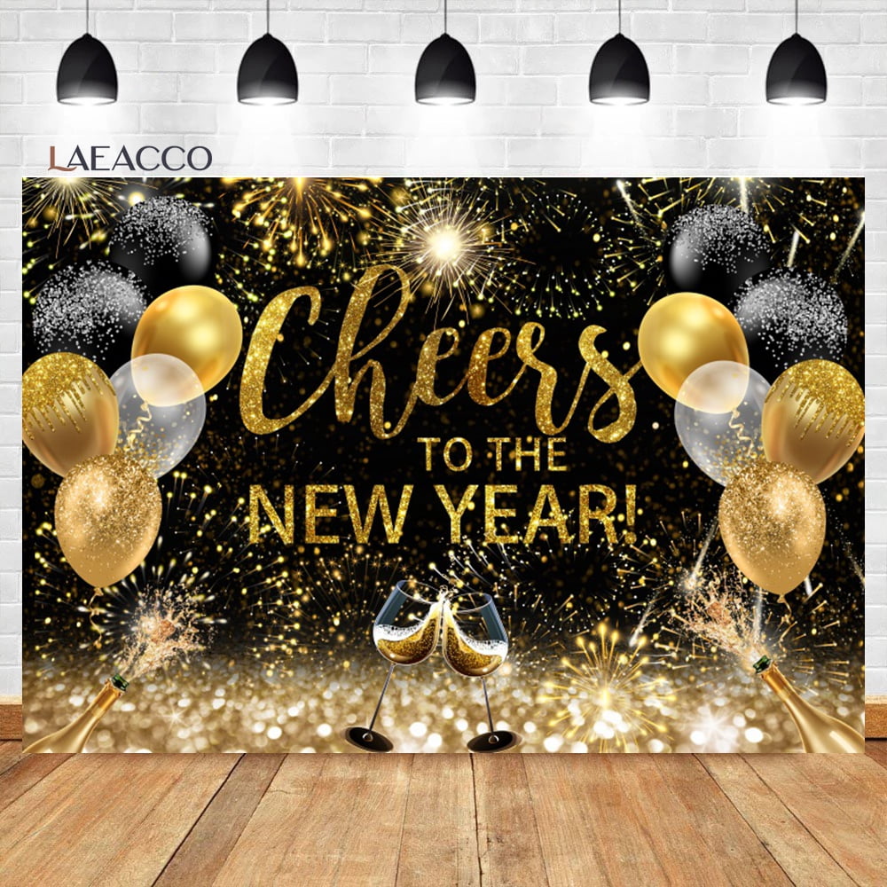 Black And Gold Happy New Year Backdrop Countdown Party Shiny Champagne ...