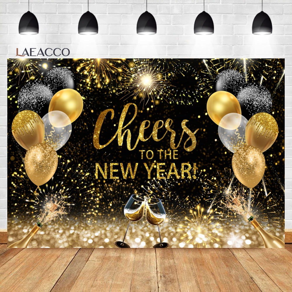 Black And Gold Happy New Year Backdrop Countdown Party Shiny Champagne ...