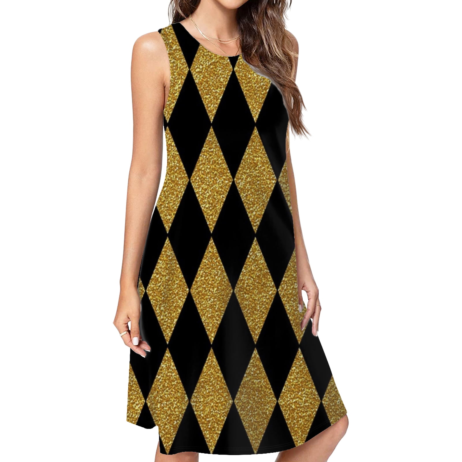 Black And Gold Harlequin Casual Sleeveless Loose Sundress Dress For ...