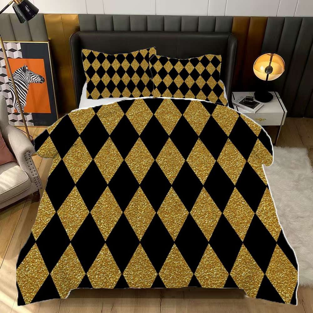 Black And Gold Harlequin Comforter Set King Size Bedding Set For Travl ...