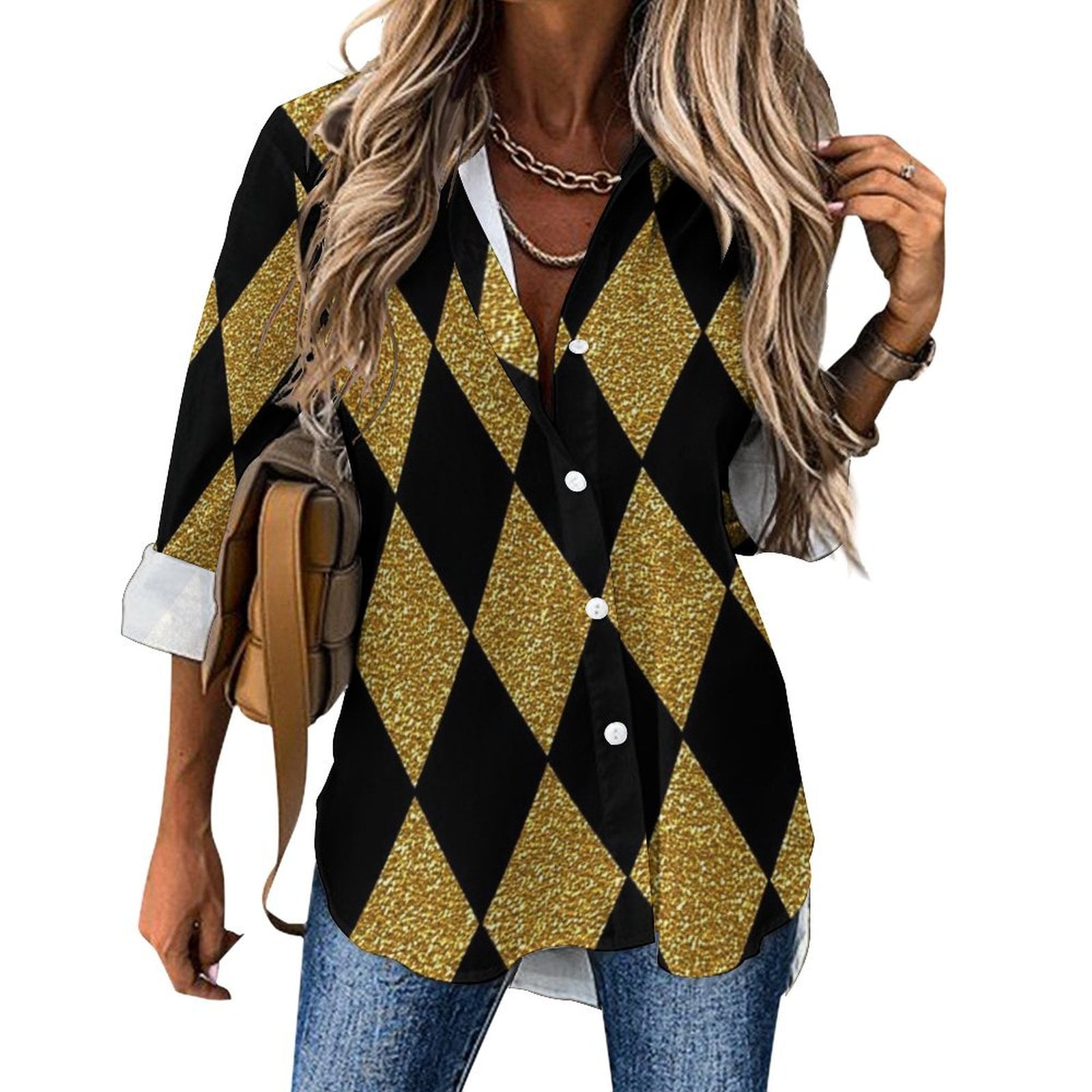 Black And Gold Harlequin Women's Button Down Long Sleeve Shirts ...
