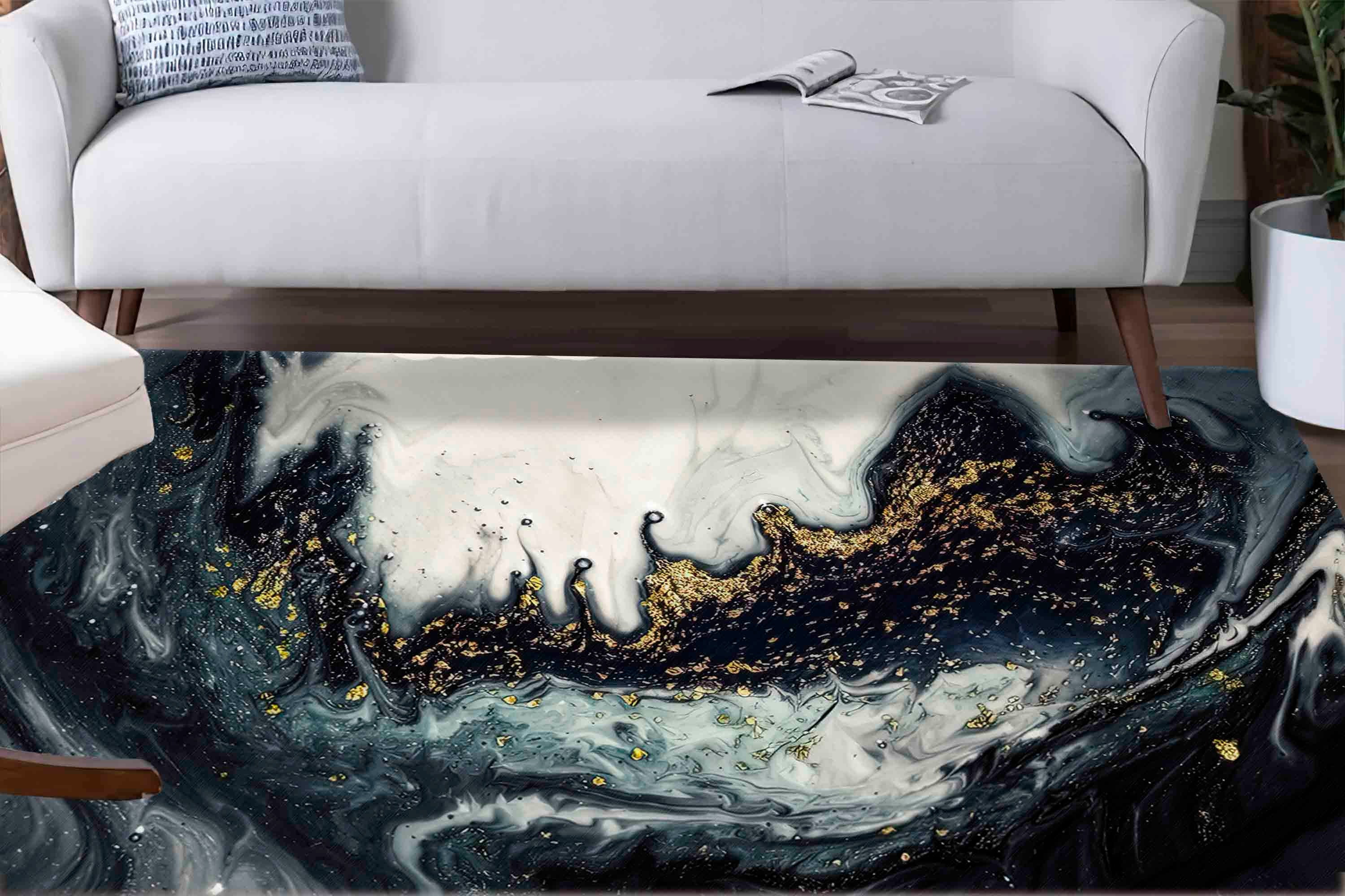 Black And Gold Marble Rug, Luxury Marble Rugs, Alcohol Ink Rug, Accent ...