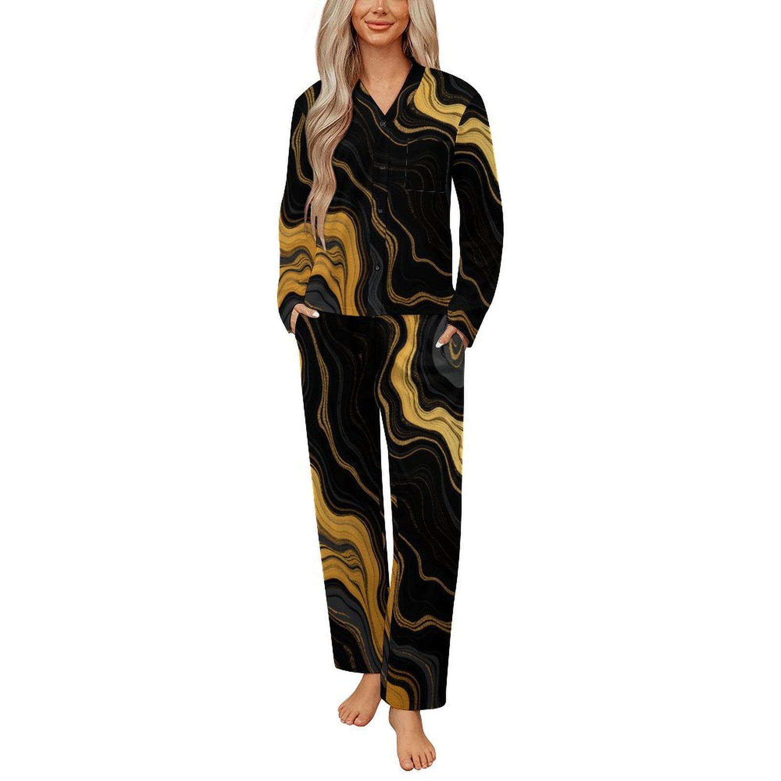 Black And Gold Marble Swirls Womens Pyjamas Set Button Up Pyjamas ...