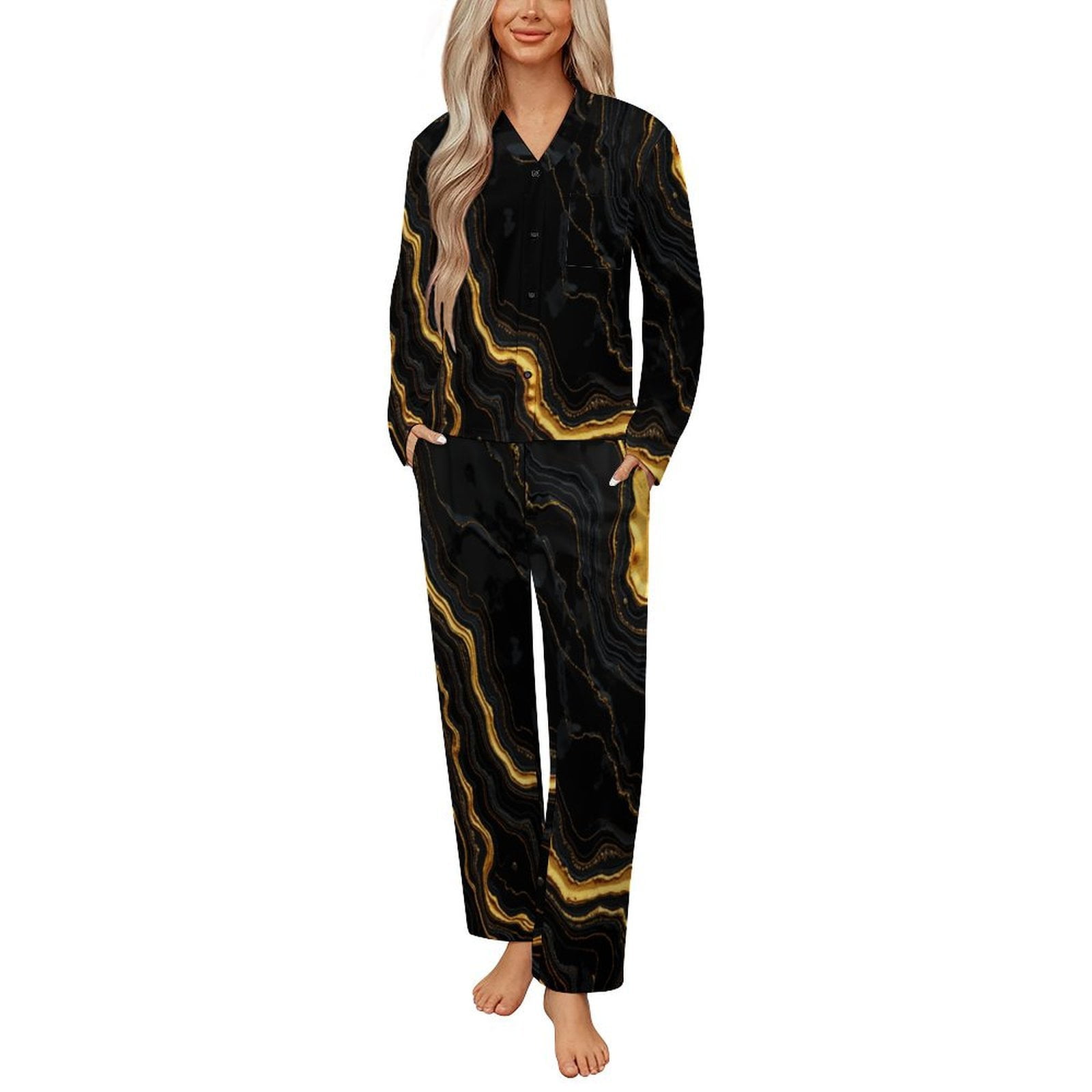 Black And Gold Marble Texture Womens Pyjamas Set Button Up Pyjamas ...