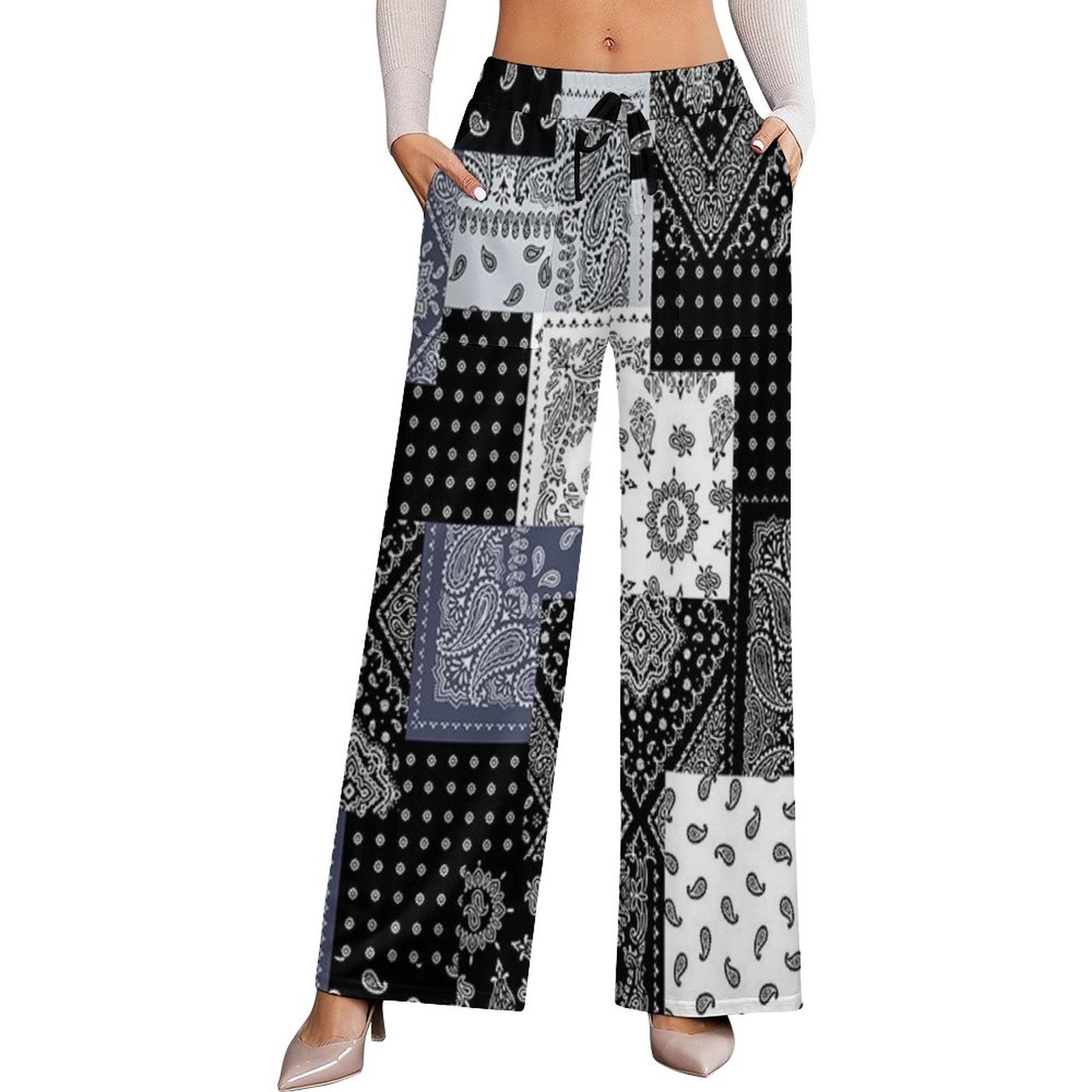 Black And Gray Paisley Bandana Women's Casual Wide Leg Pants Comfort ...