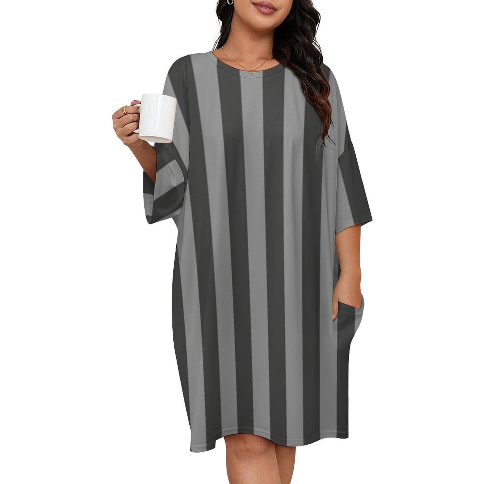 Black And Gray Vertical Stripes Sleepshirts For Sleeping Travels Loose ...