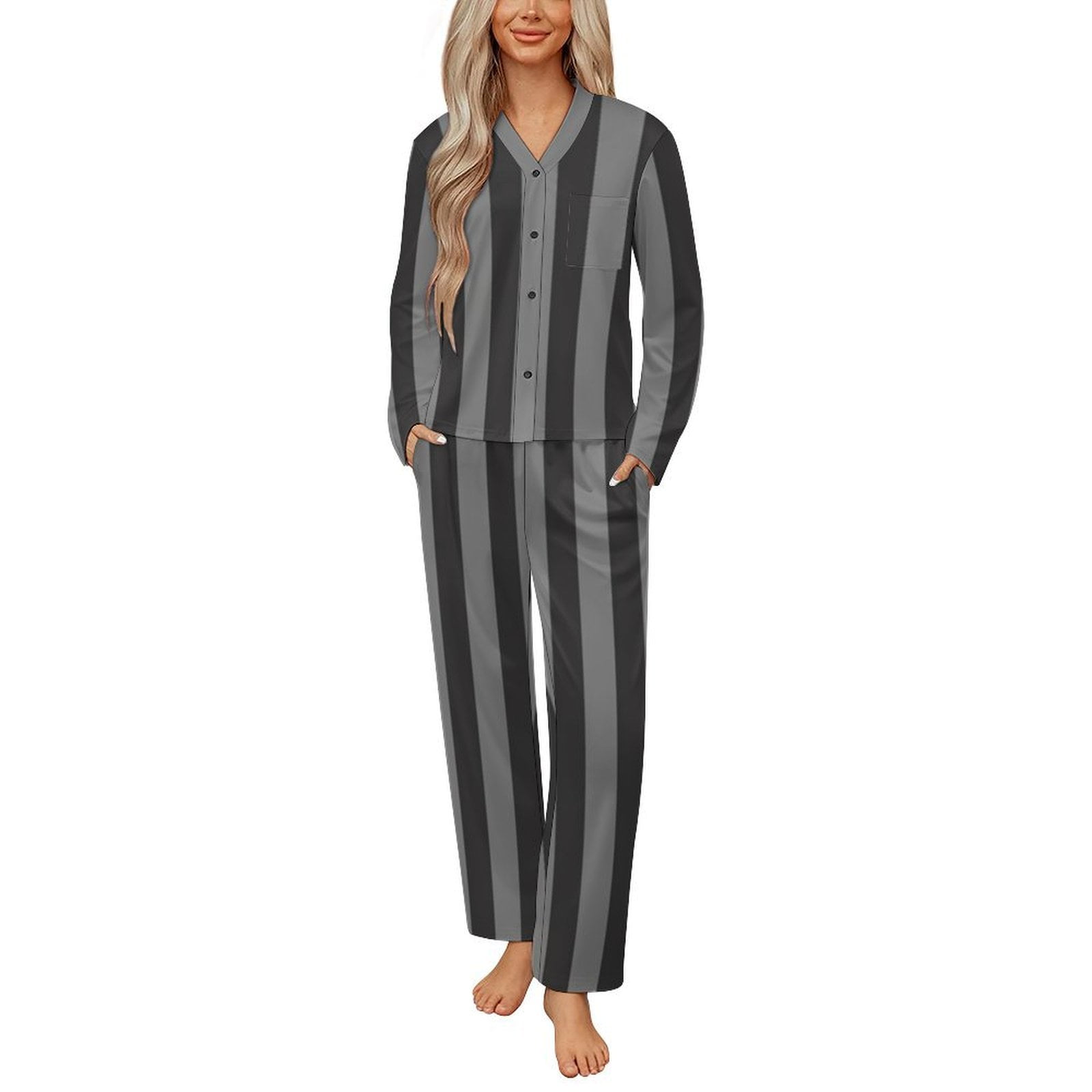 Black And Gray Vertical Stripes Womens Pyjamas Set Button Up Pyjamas ...