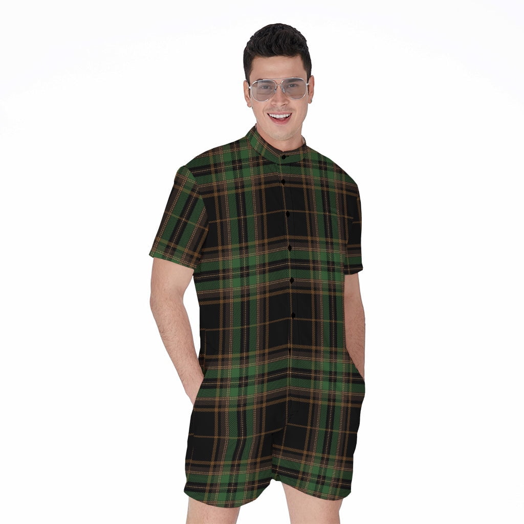 Black And Green Stewart Tartan Short Sleeve Men'S Rompers, Tartan Plaid ...