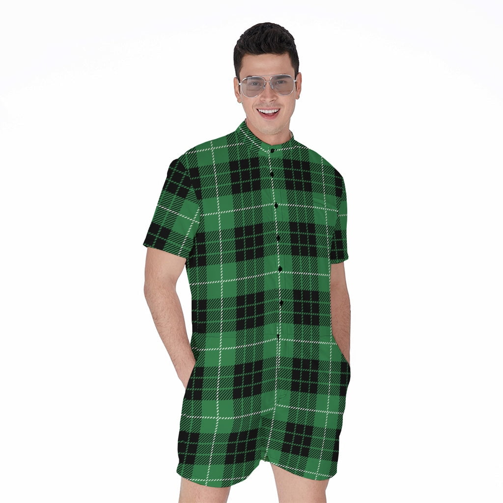 Black And Green Tartan Pattern Short Sleeve Men'S Rompers, Tartan Plaid ...