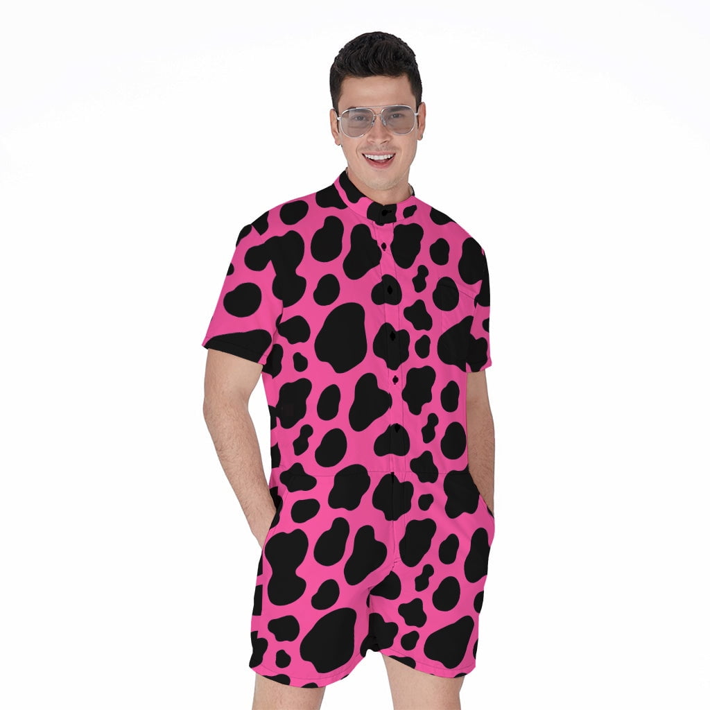 Black And Hot Pink Cow Short Sleeve Men'S Rompers, Cow Cattle Casual ...