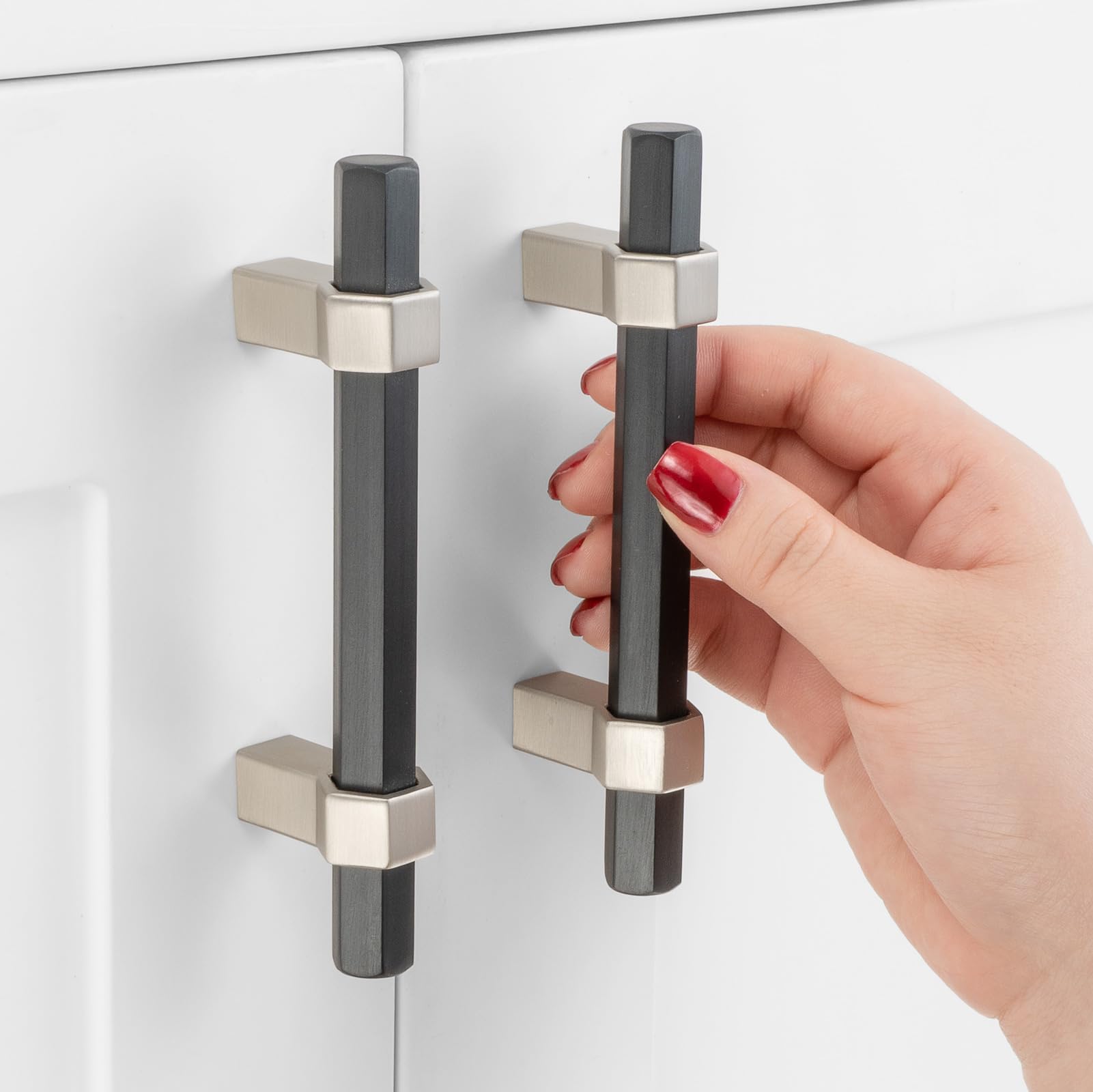 Black And Nickel Cabinet Pulls, 3 Inch Hole Centers, Hexagon Bar ...