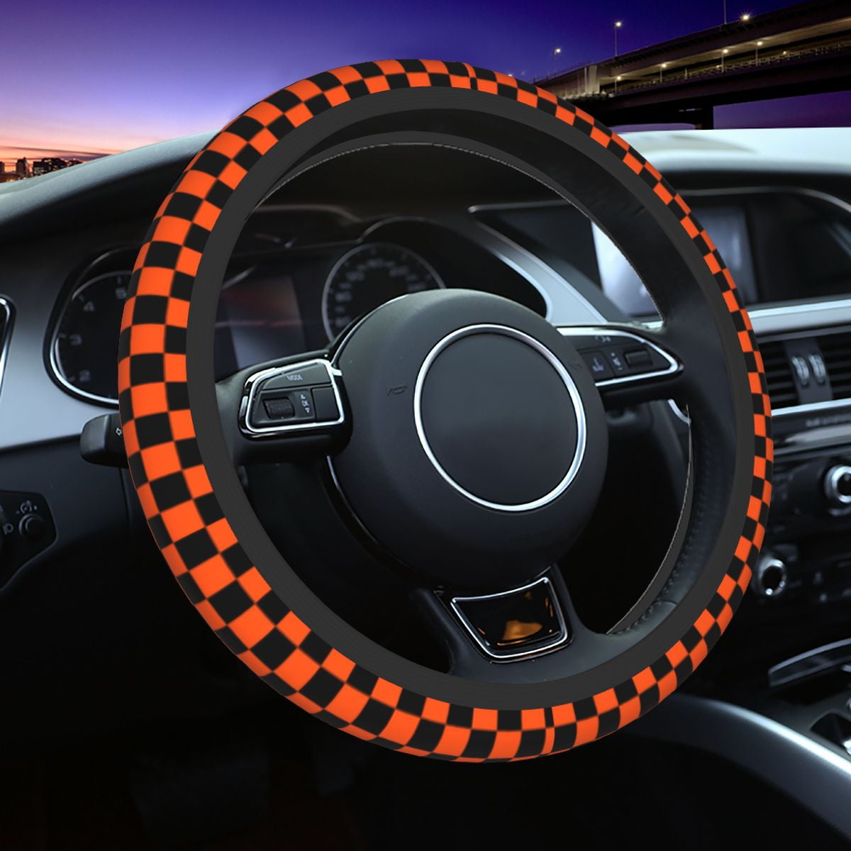 Black And Orange Checkerboard Pattern Steering Wheel Covers Plaid Soft ...