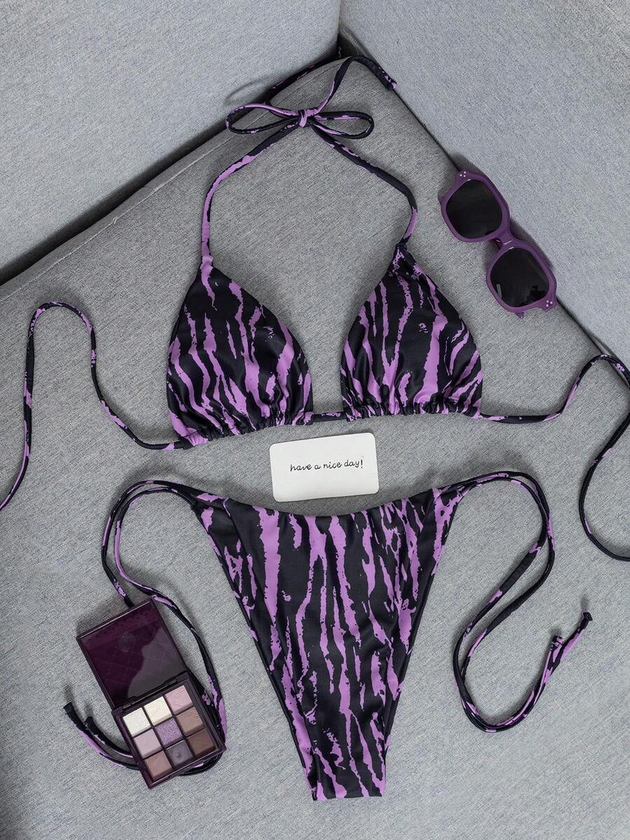Black And Purple Faux Wood Grain Printed Triangle Tie-Front Bikini Set ...