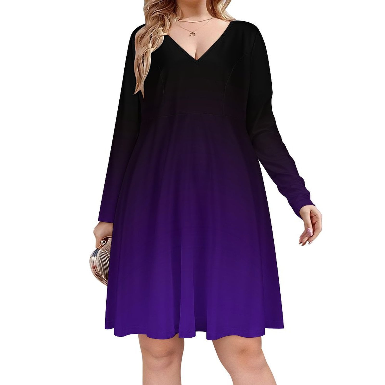 Black And Purple Gradient Long Sleeve Dresses For Women Vintage Elegant Party Dress Oversized V ...