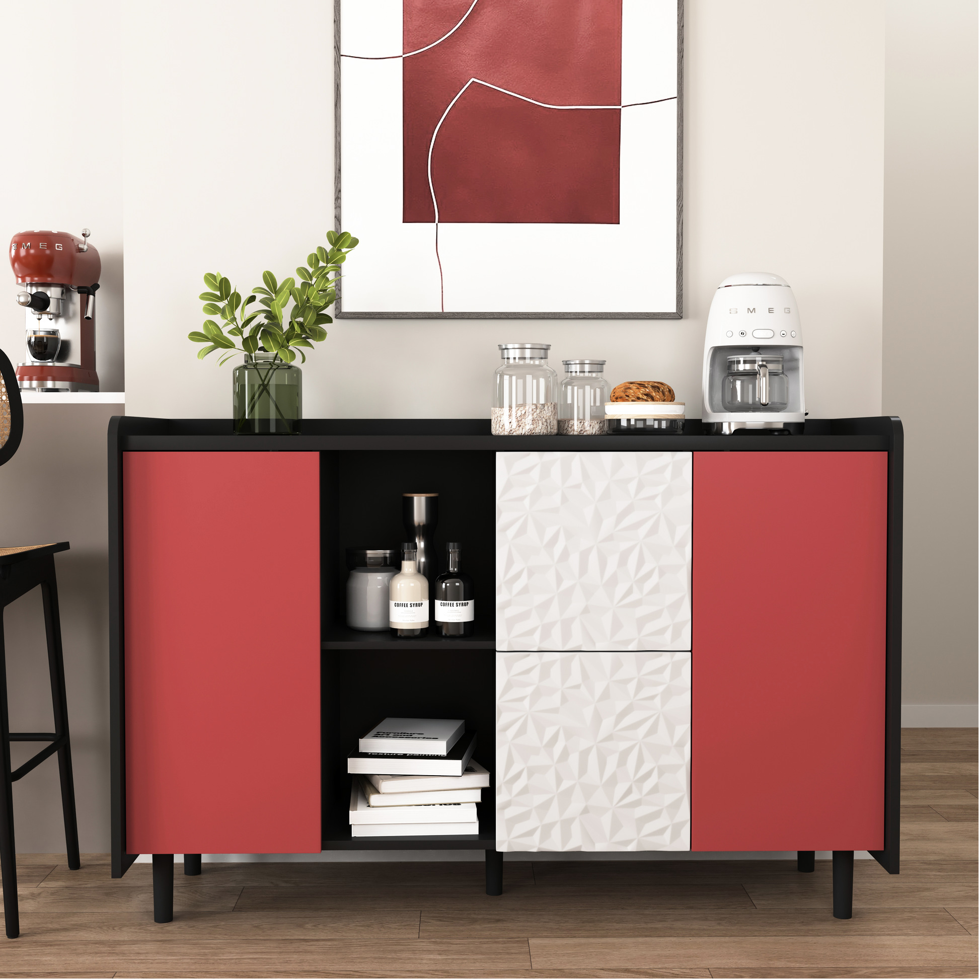 Black And Red Cabinet For Extra Storage In Dining Room Area With Doors ...