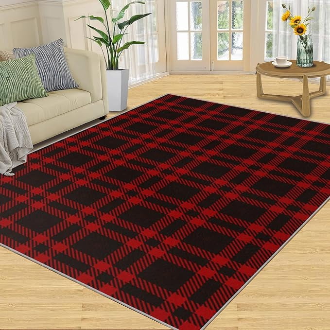 Black And Red Checkered Rug, Geometric Pattern Washable Bedroom Rug ...