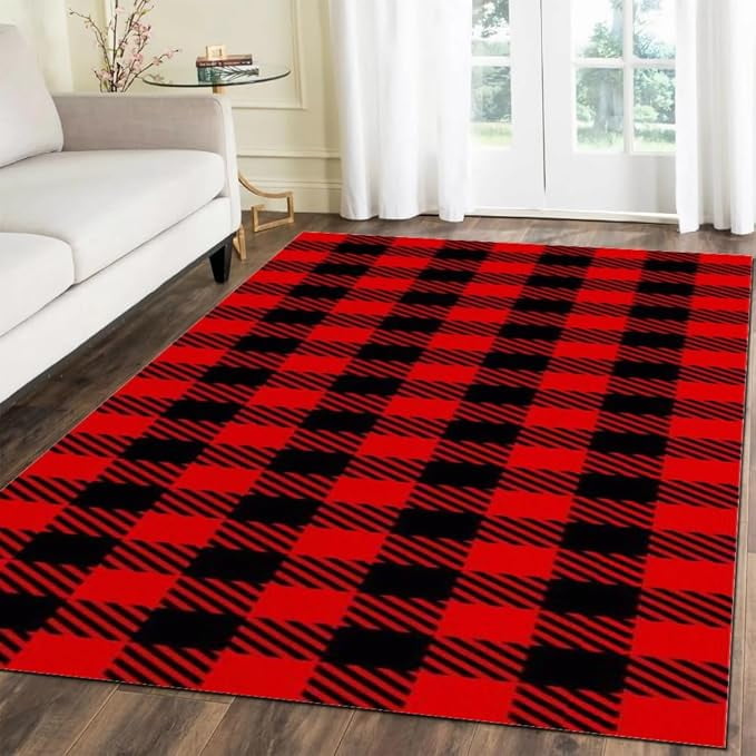 Black And Red Checkered Twill Rugs For Bedroom, Non Slip Washable Area ...