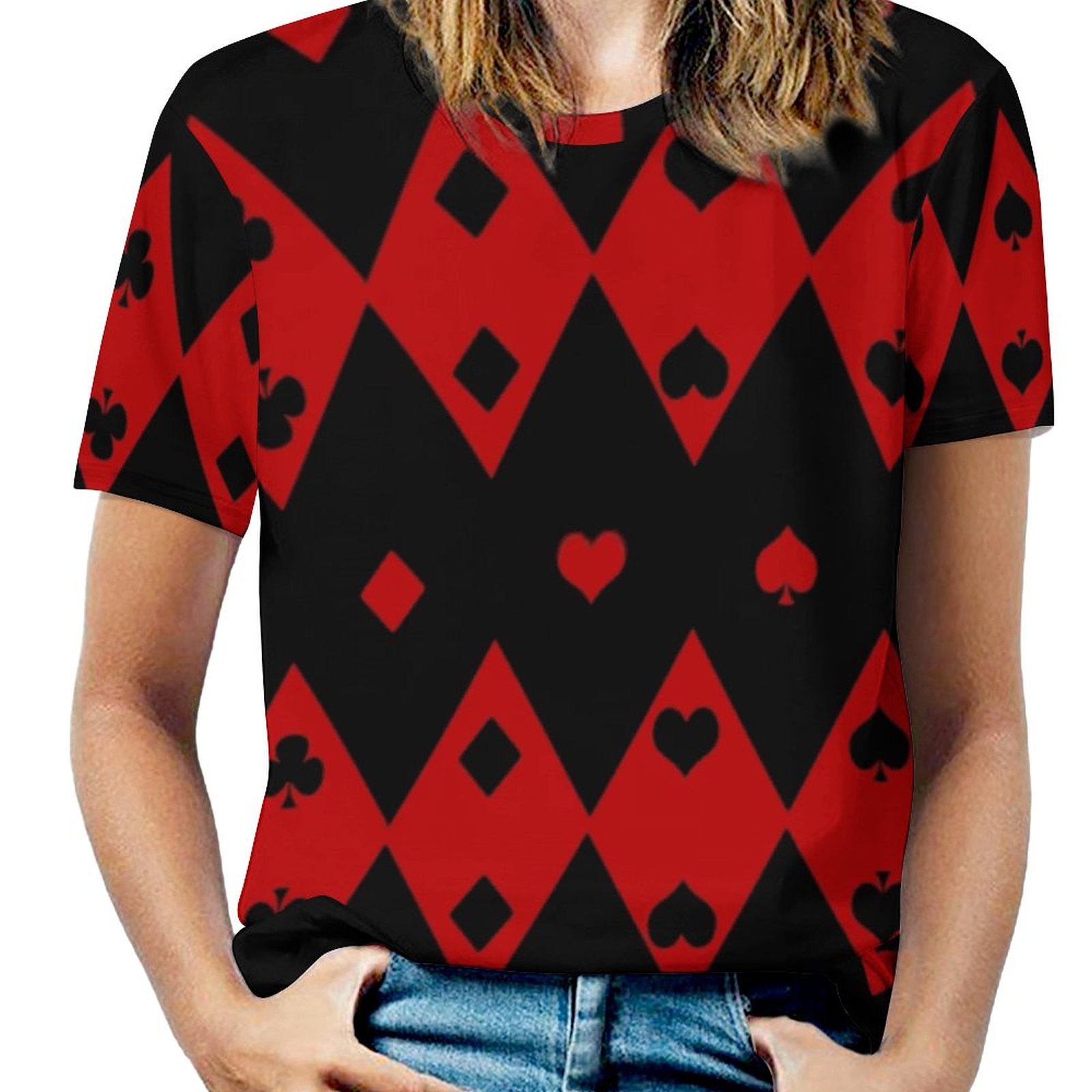 Black And Red Playing Card Shapes Women Zipper Printed Vintage T Shirts ...
