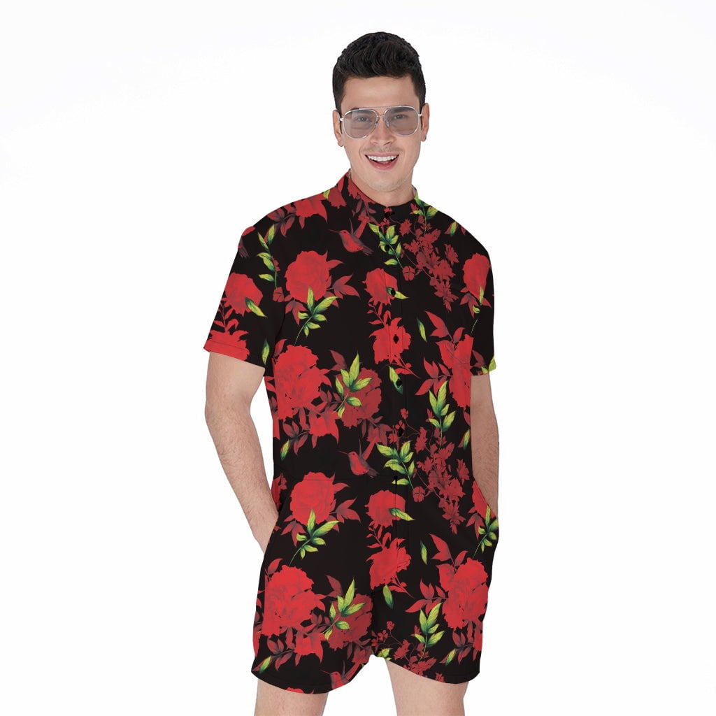 Black And Red Roses Floral Short Sleeve Men'S Rompers, Flower Floral ...