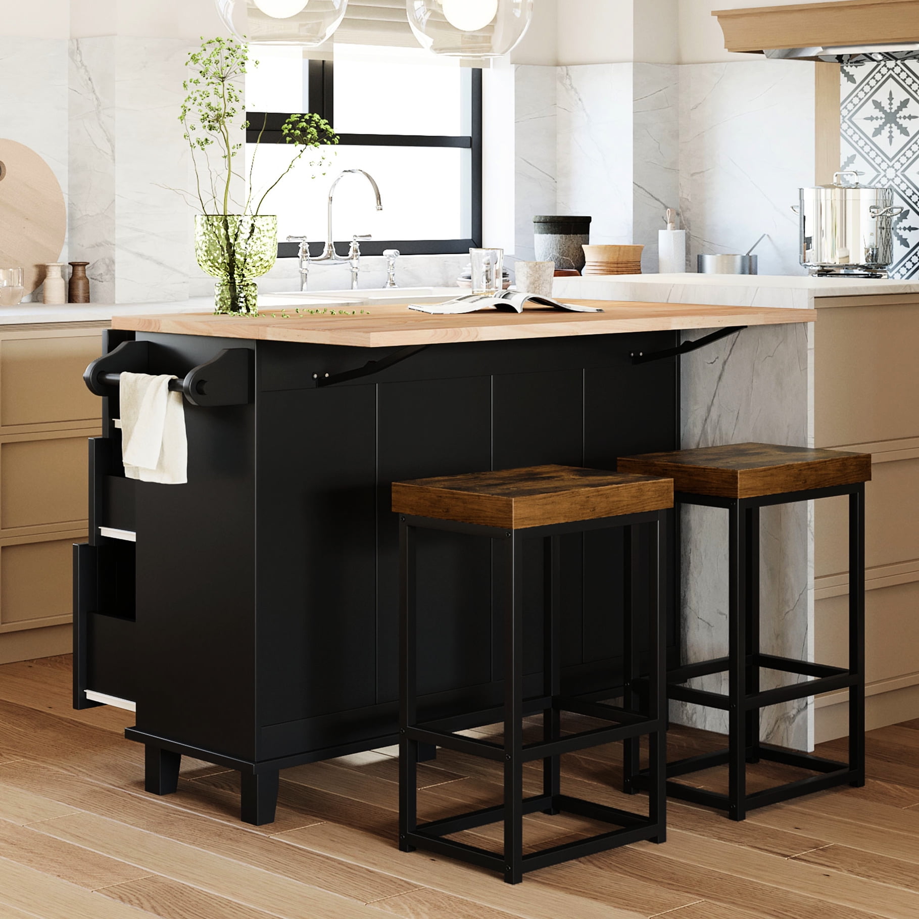 Black And Rustic Brown Kitchen Island With 2 Stools, Drop Leaf ...