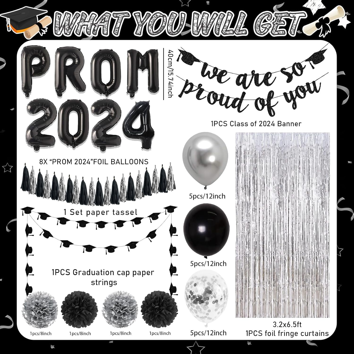 Black And Sliver Prom Decorations 2024, Graduation Decorations Class Of ...