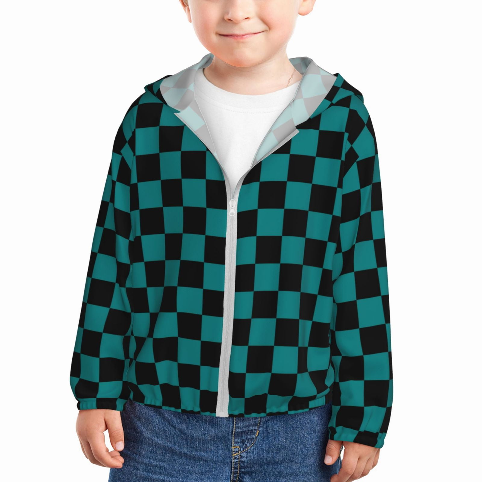 Black And Teal Checkerboard Sun Protection Clothing Zip Up Hoodie ...
