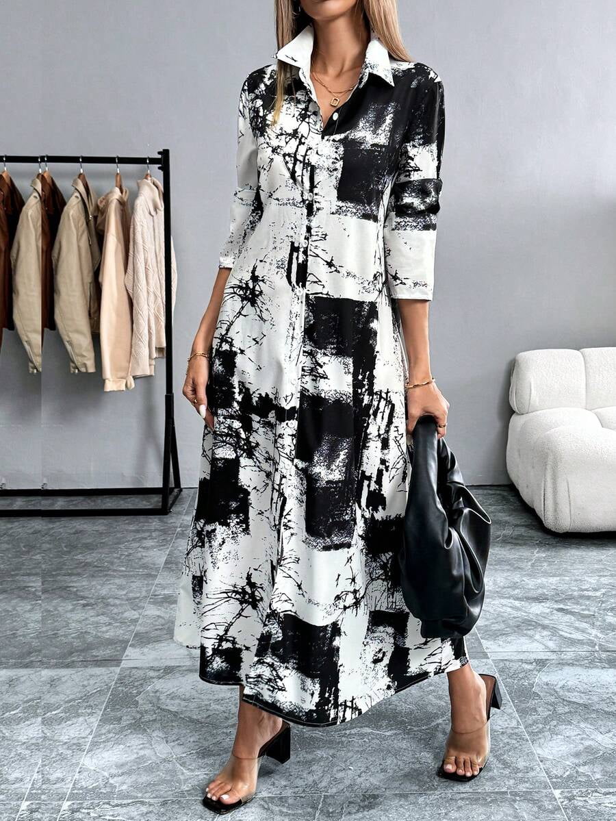 Black And White Abstract Print Shirt Dress For Women, Long Sleeve Maxi ...