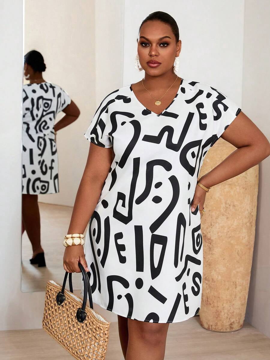 Black And White Abstract Print V-Neck Short Sleeve Loose Casual Dress ...