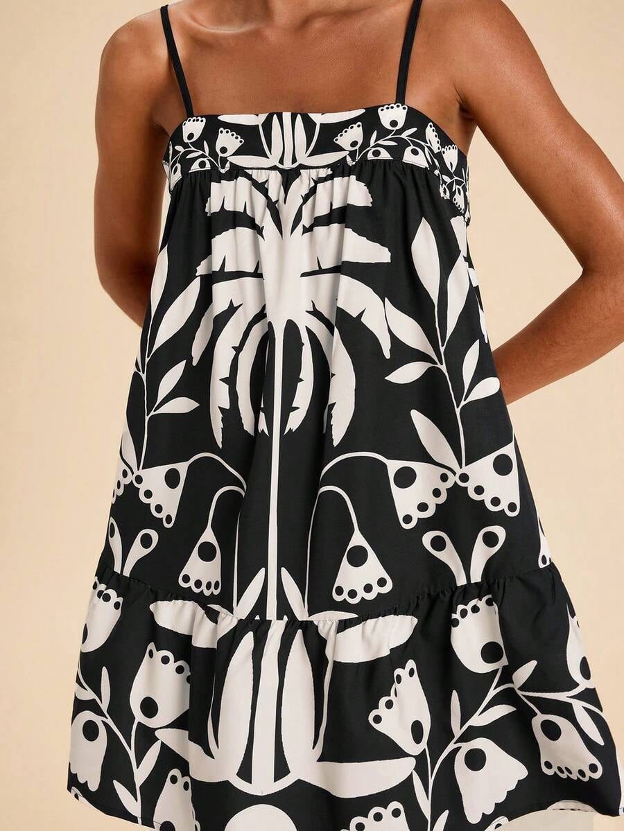 Black And White All-Over Botanical Print Spaghetti Strap Tiered Mini ...