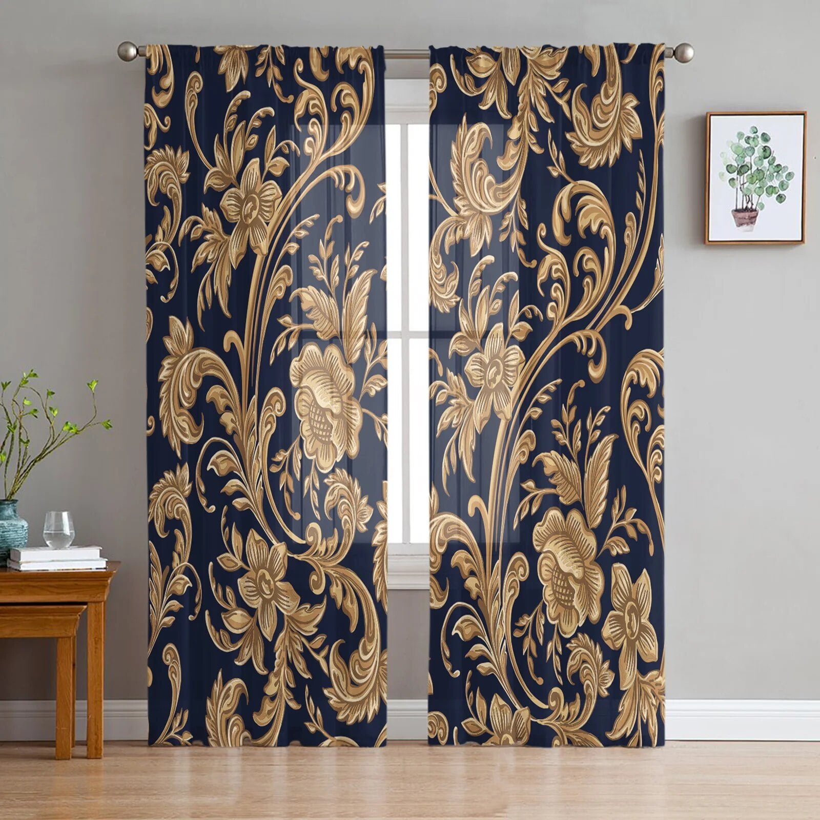 Black And White Baroque Pattern Flower Vine Abstract Tulle Curtains for ...