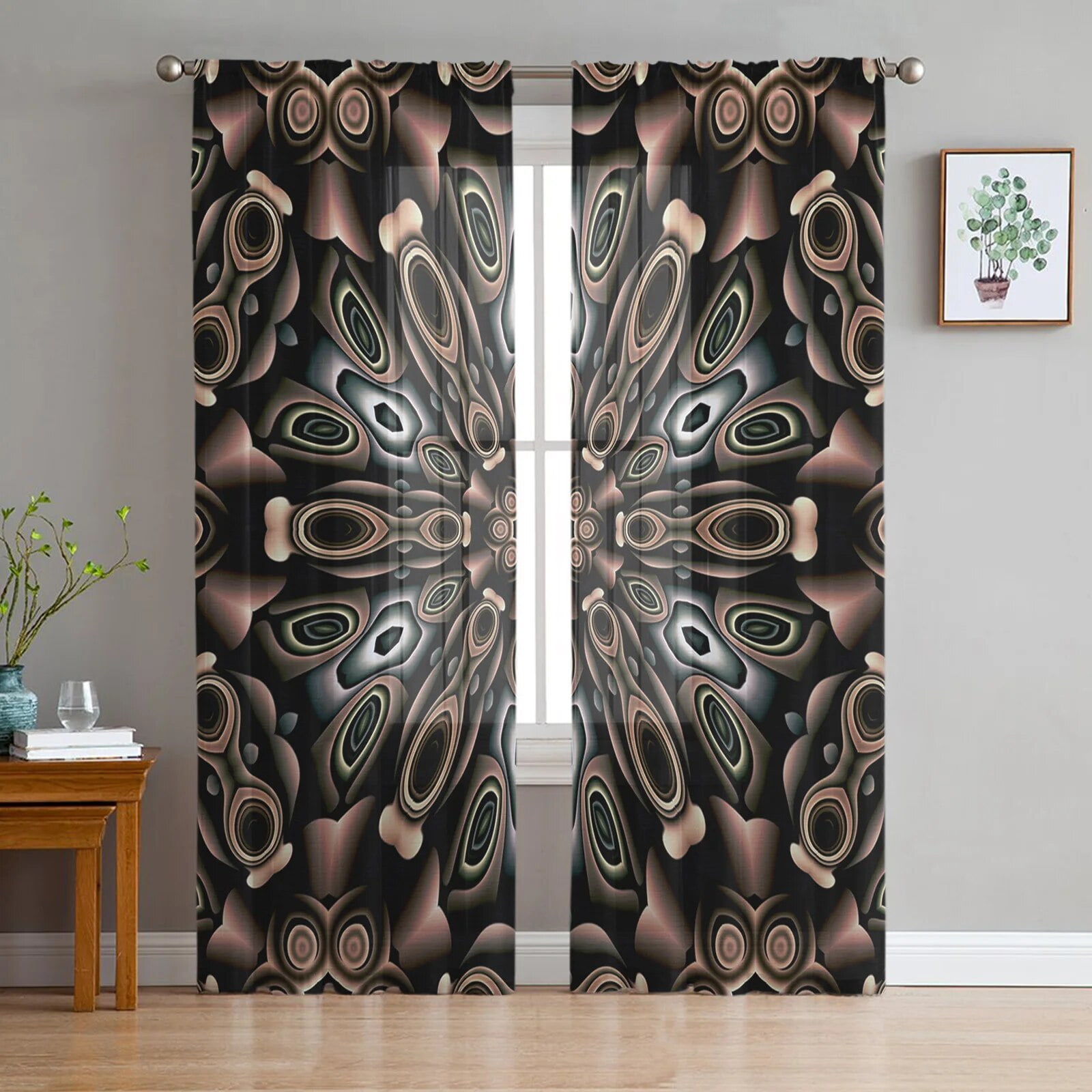 Black And White Baroque Pattern Flower Vine Abstract Tulle Curtains for ...
