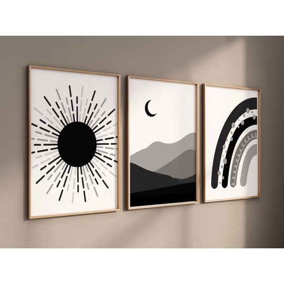 Black And White Boho Moon Nursery Wall Art Print, Sun, Rainbow, Nursery ...