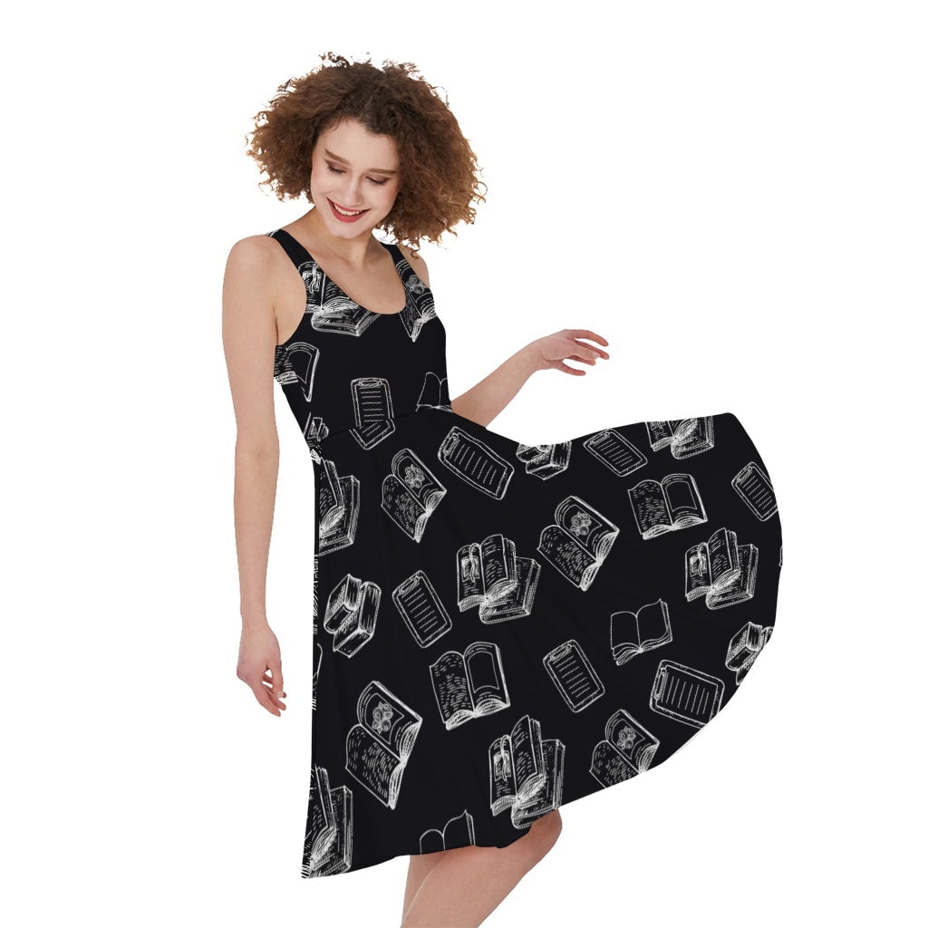 Black And White Books Pattern Print Sleeveless Knee Length Dress, Book ...