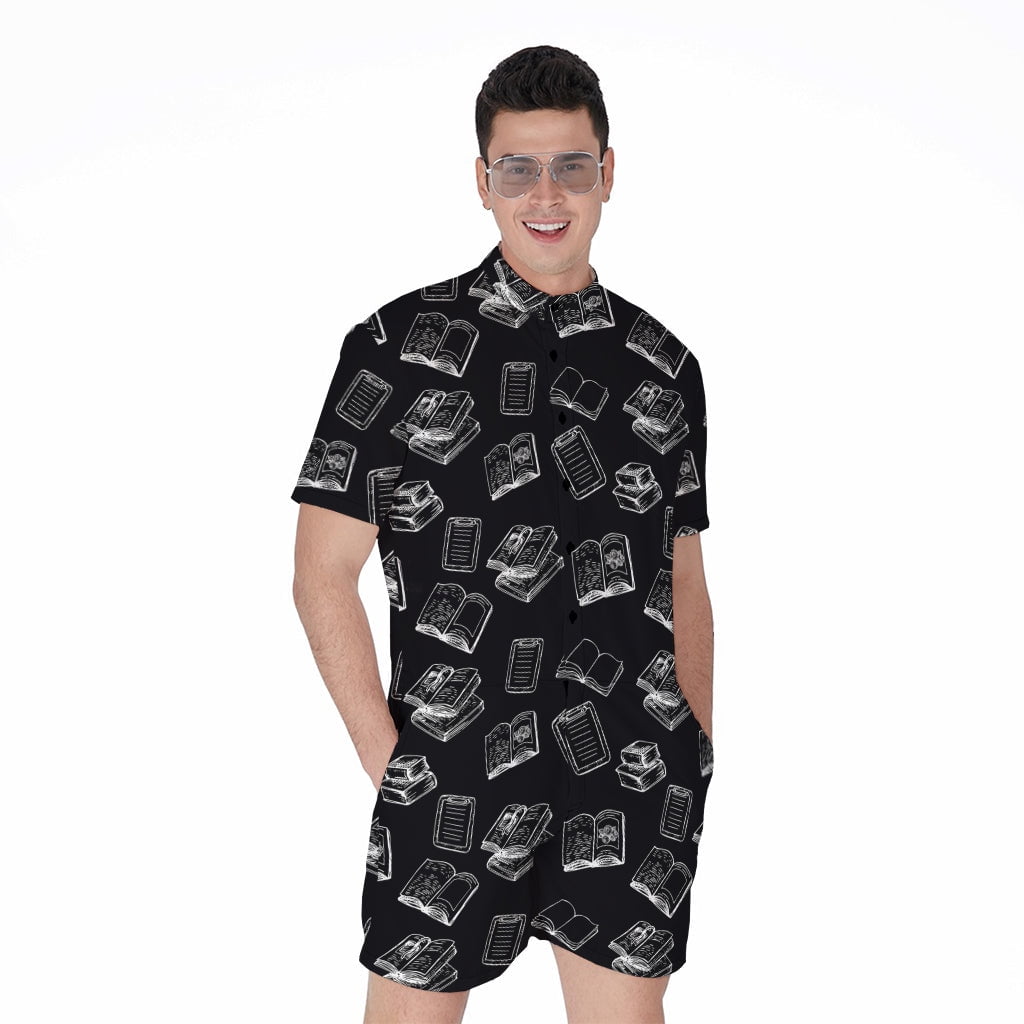 Black And White Books Pattern Short Sleeve Men'S Rompers, Book Reading ...