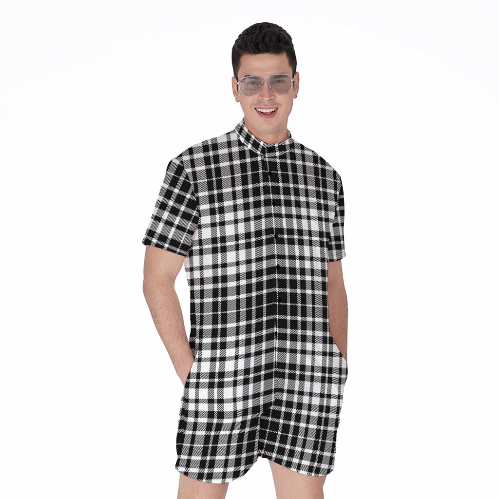 Black And White Border Tartan Short Sleeve Men'S Rompers, Tartan Plaid ...