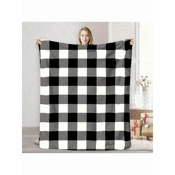 Black And White Buffalo Plaid Fleece Blanket Soft Warm Oversized Throw ...