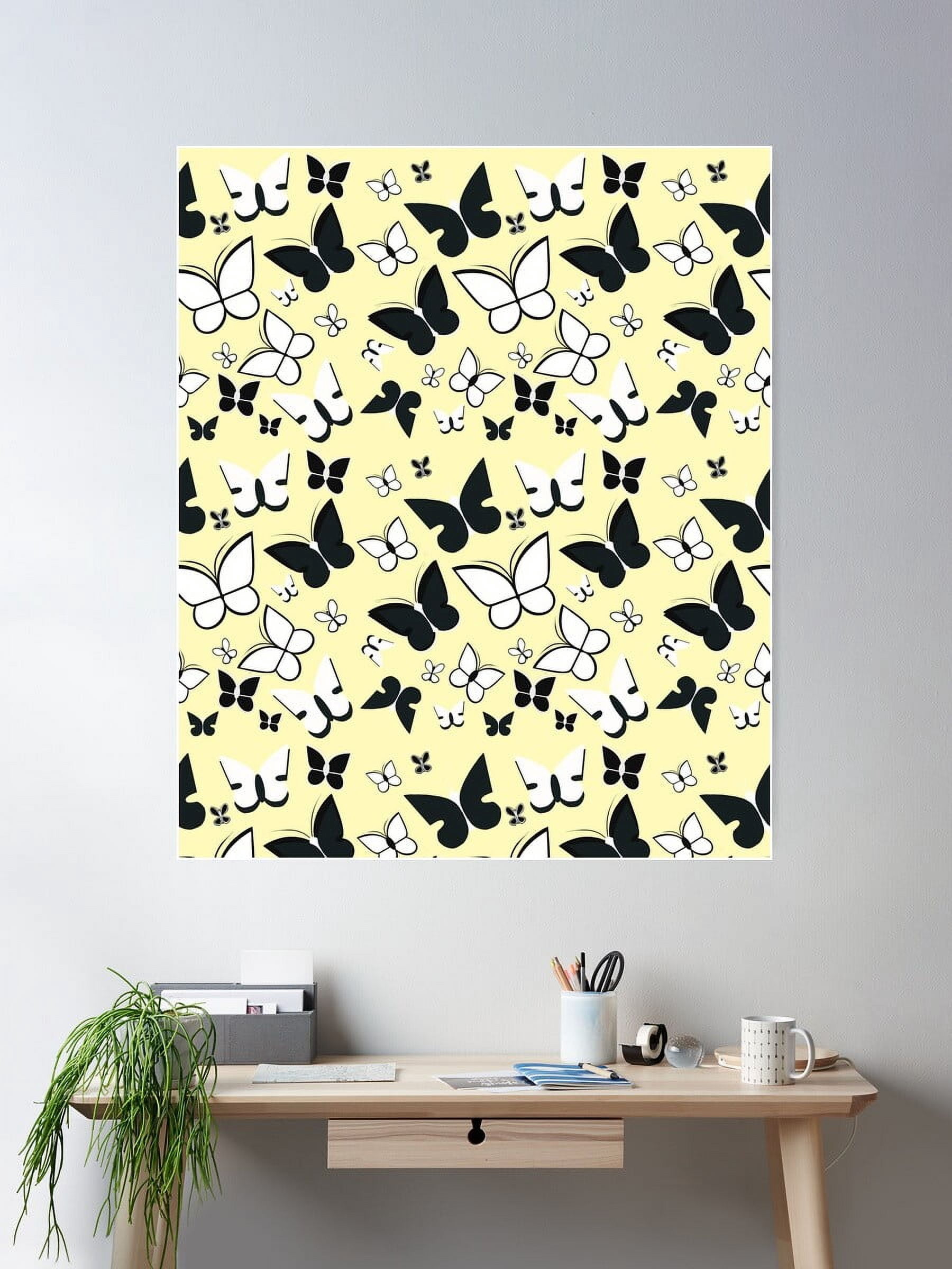 Black And White Butterfly Pattern With Yellow Poster Wall Art Modern ...