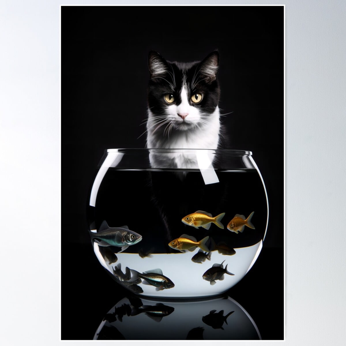 Black And White Cat Peering Over The Edge Of A Fishbowl Poster Wall Art ...