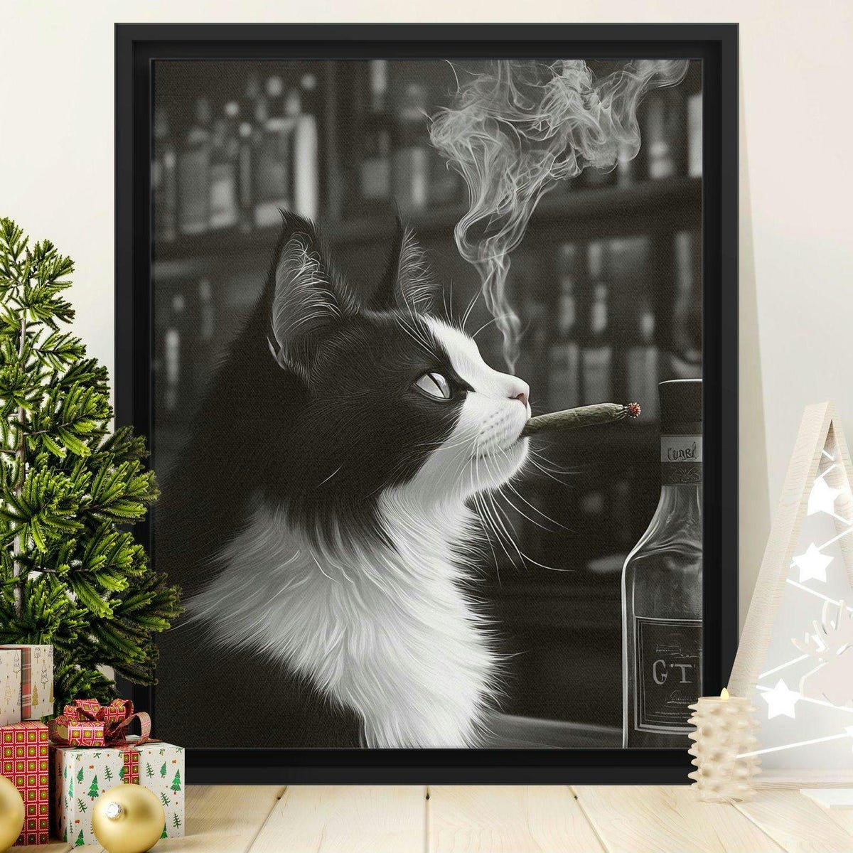 Black And White Cat Smoking Cigar Art Print, Funny Cat Poster, Cool ...