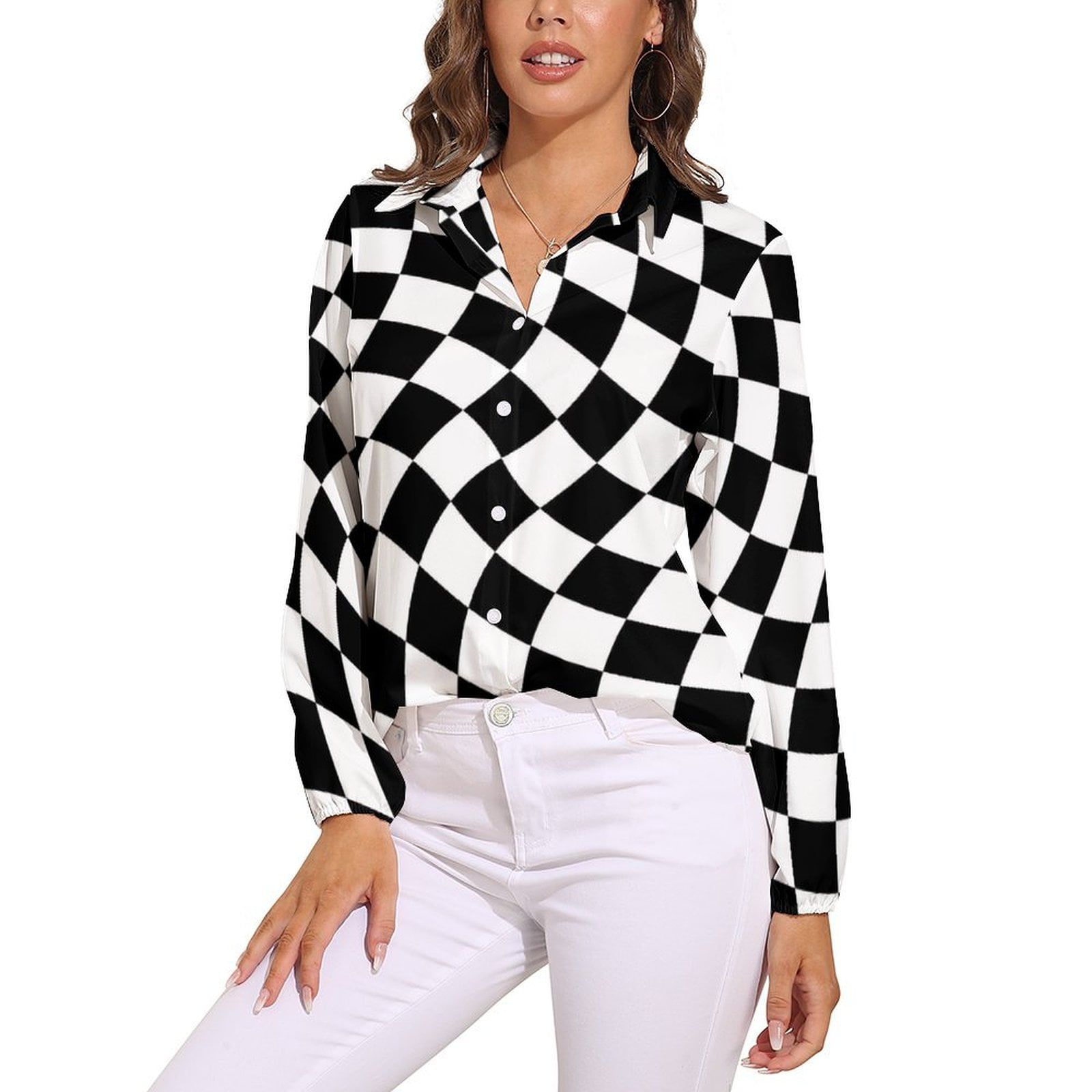 Black And White Check Print Blouse Daisy Block Retro Custom Blouses ...