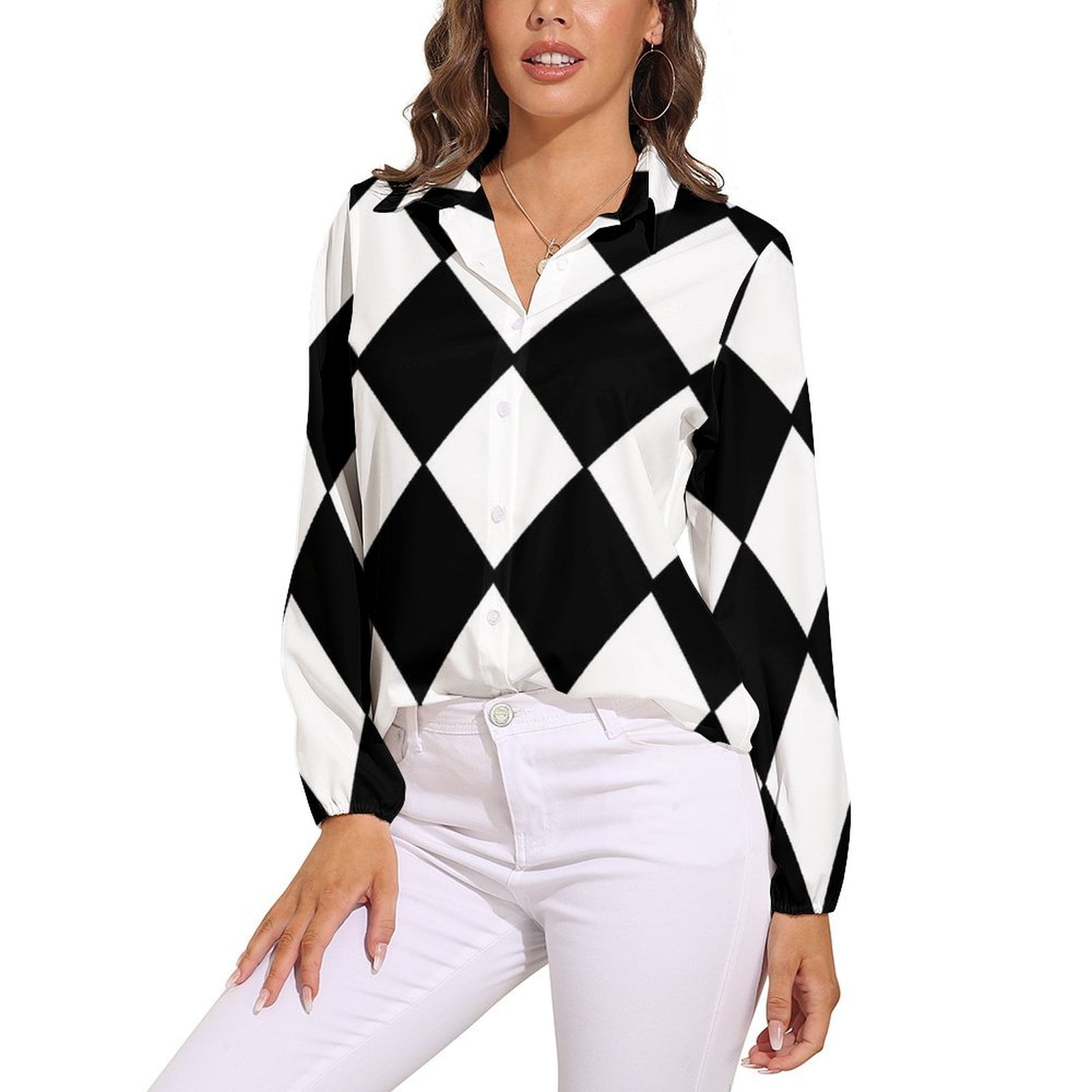 Black And White Check Print Blouse Daisy Block Retro Custom Blouses ...