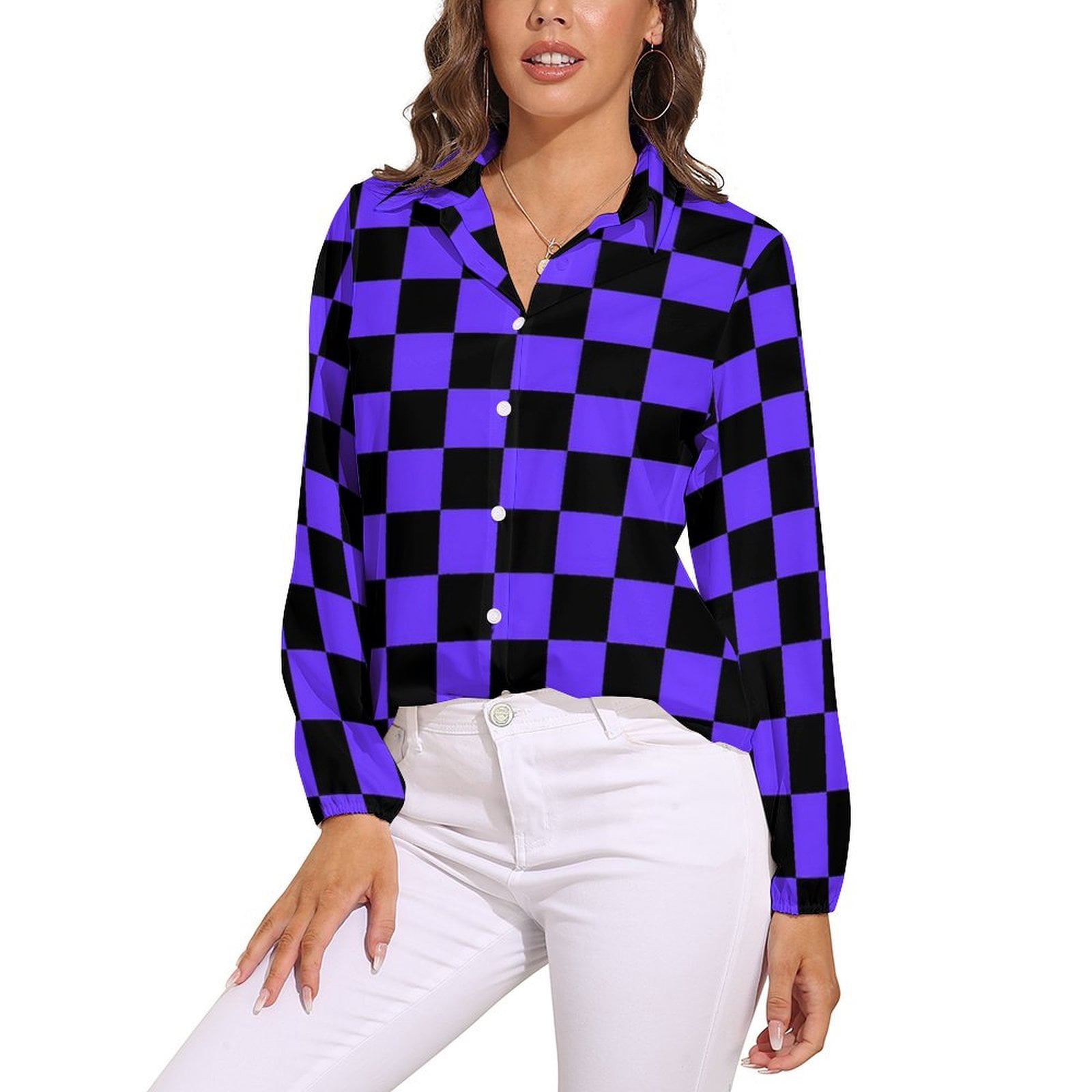 Black And White Check Print Blouse Daisy Block Retro Custom Blouses ...
