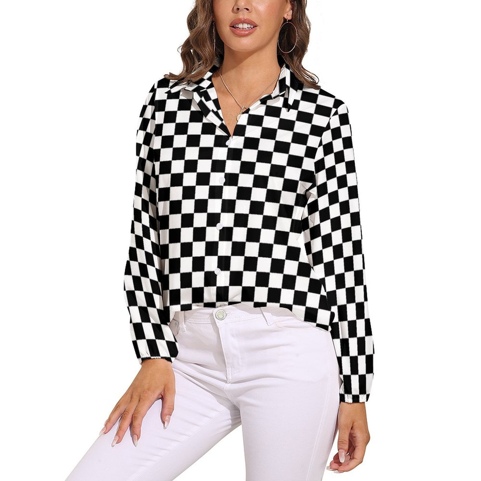 Black And White Check Print Blouse Daisy Block Retro Custom Blouses ...