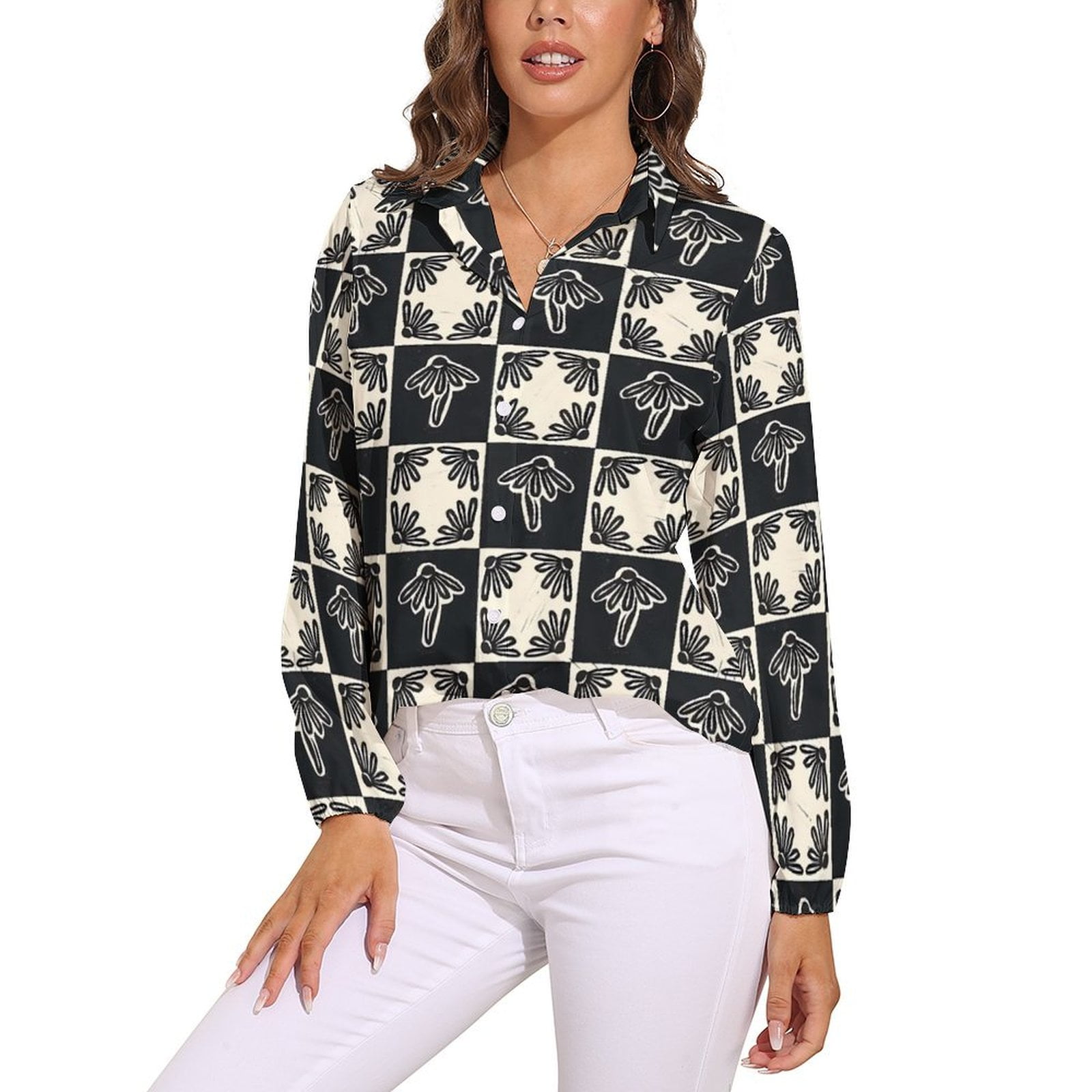 Black And White Check Print Blouse Daisy Block Retro Custom Blouses ...