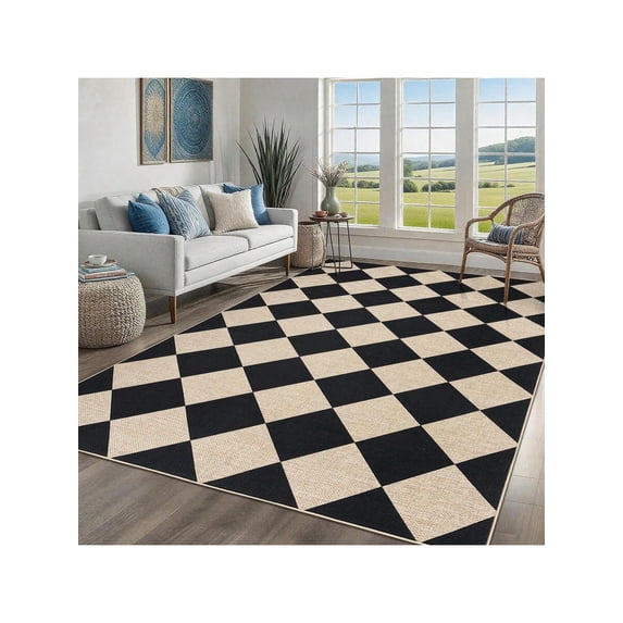 Black And White Checkerboard Indoor/Outdoor Jute Rug Low Pile Washable ...