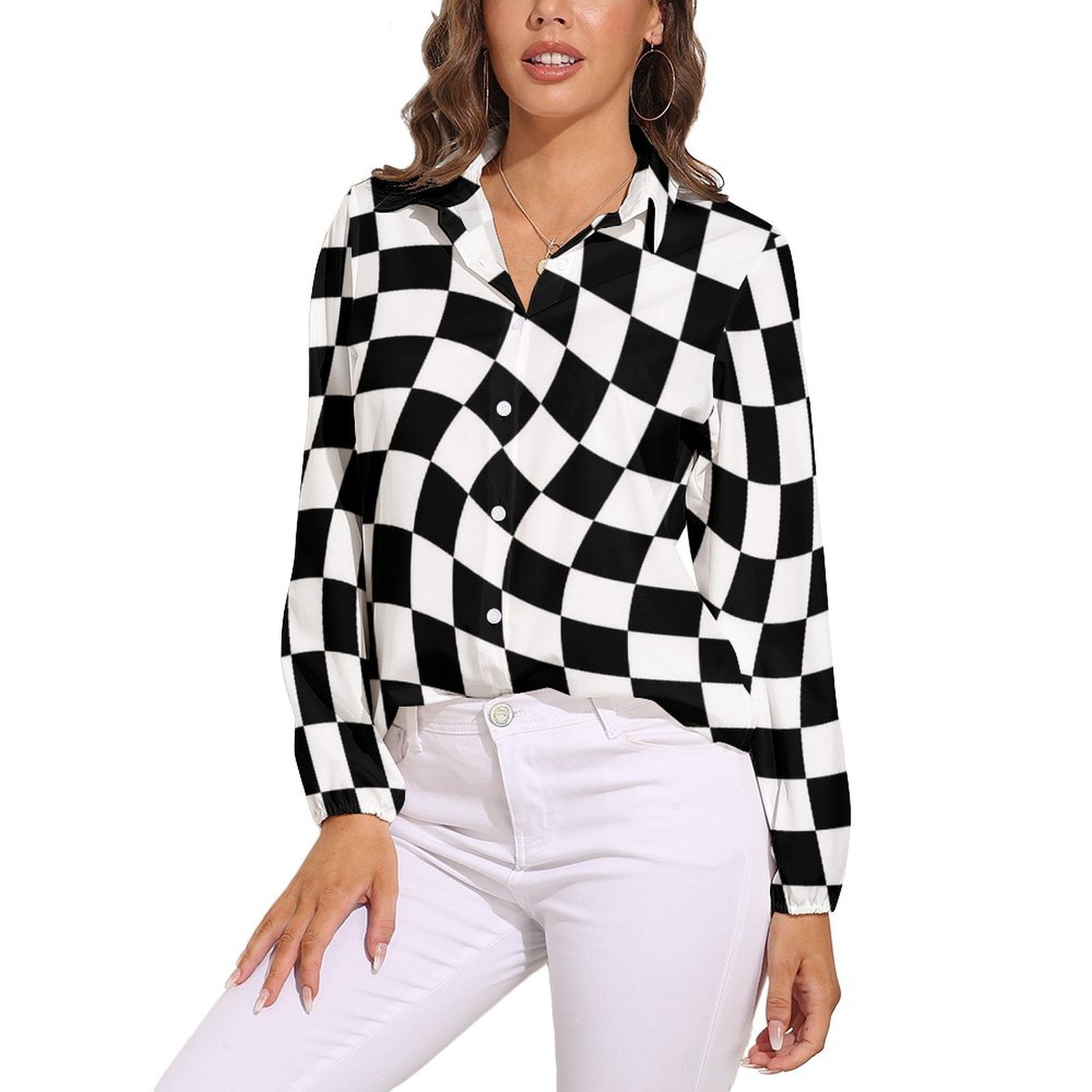 Black And White Checkerboard Long Sleeve Blouse Woman Streetwear Casual ...