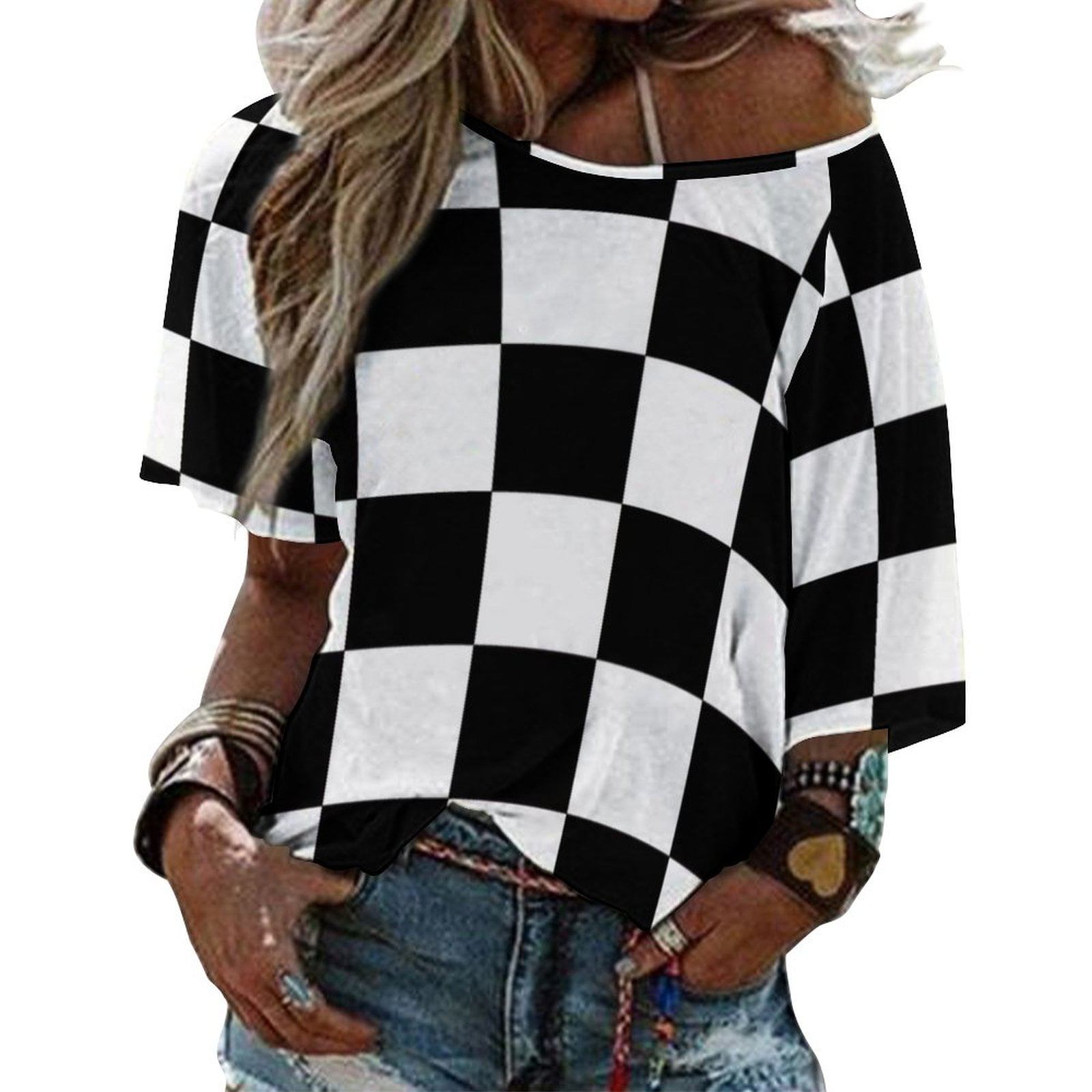 Black And White Checkerboard Lotus Leaf Neck T-Shirt Long Sleeve Printed Fall T Shirts Women ...