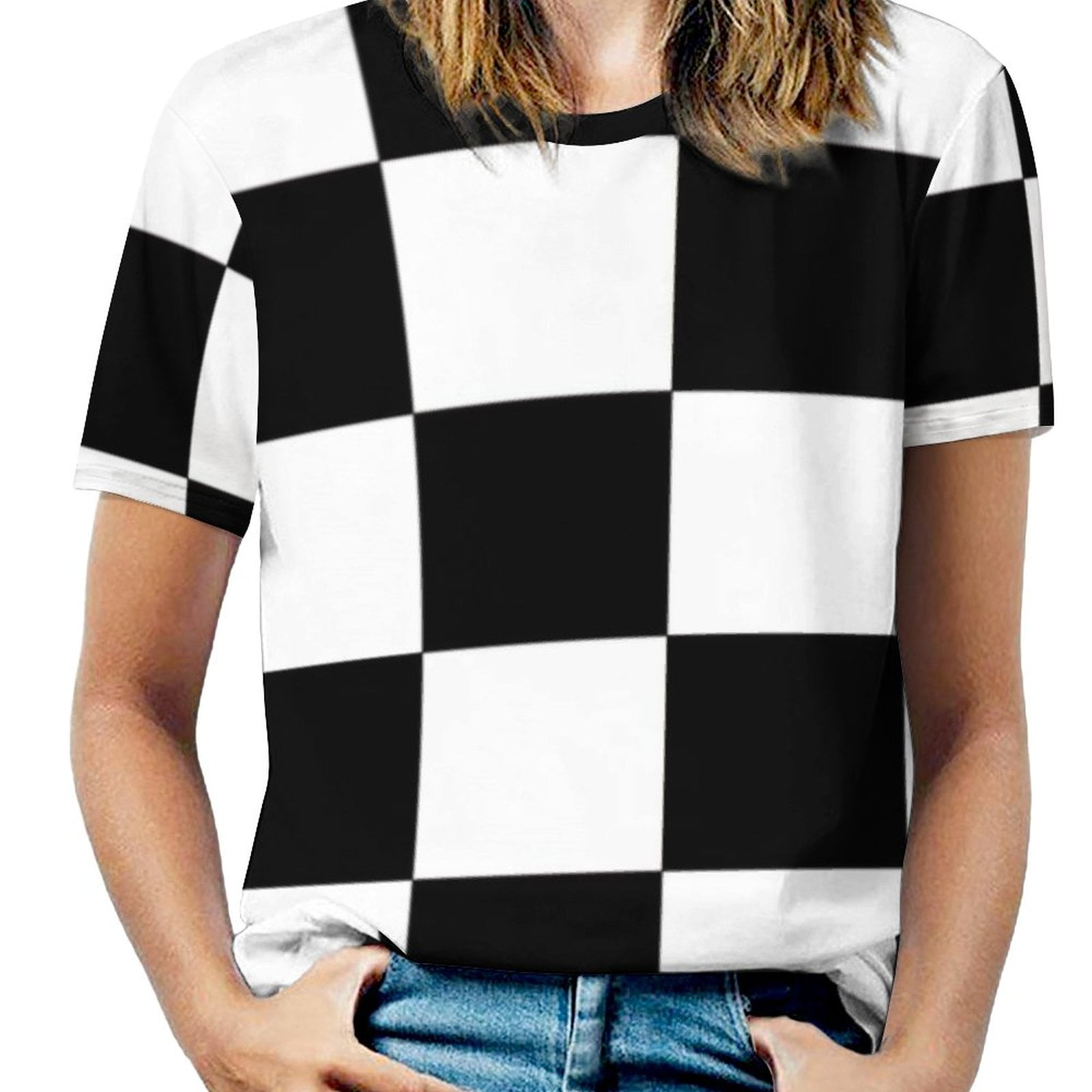 Black And White Checkerboard Lotus Leaf Neck T-Shirt Long Sleeve Printed Fall T Shirts Women ...